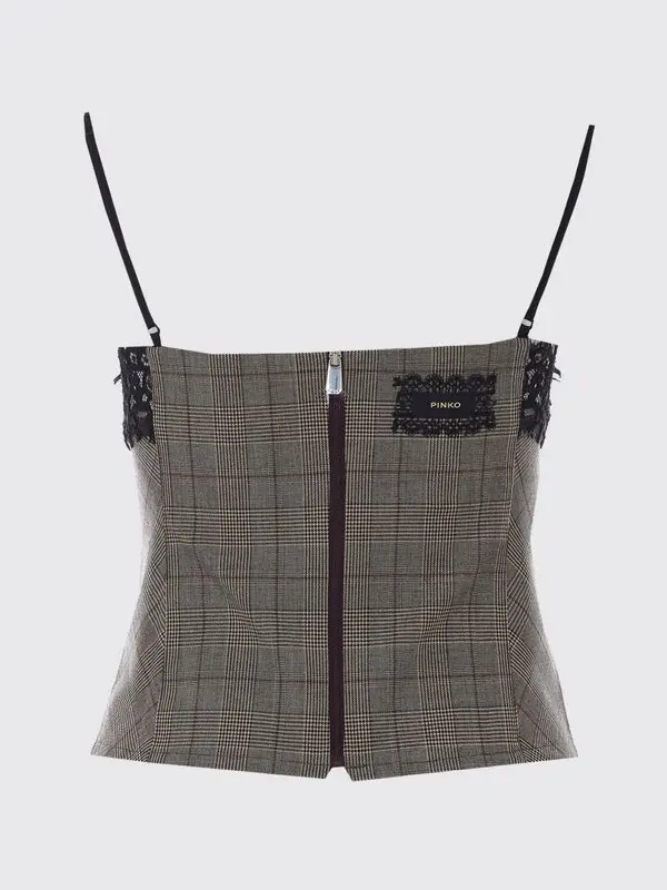 Pinko Prince Of Wales Wool-blend Top With Lace Inserts And Thin Straps