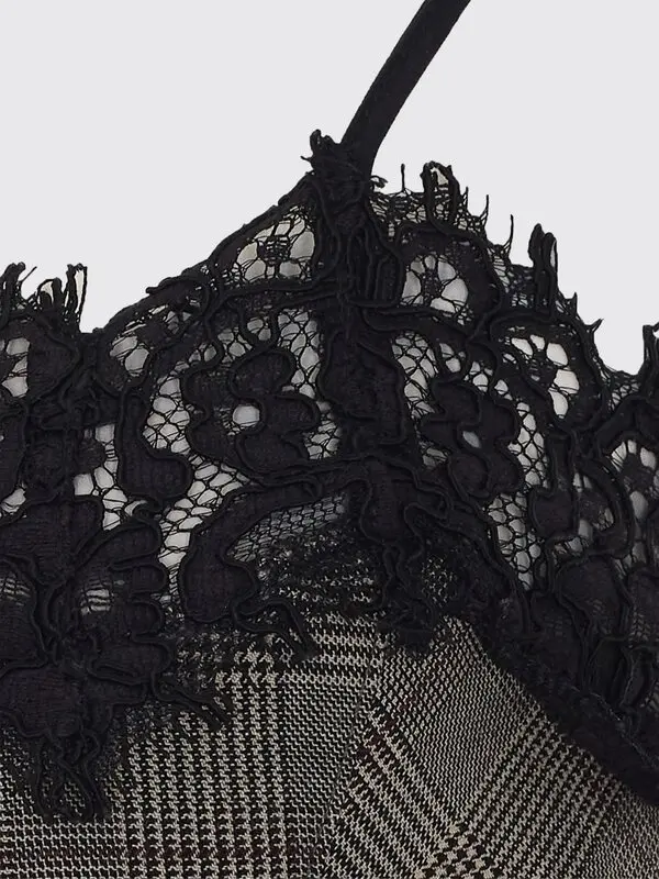 Pinko Prince Of Wales Wool-blend Top With Lace Inserts And Thin Straps