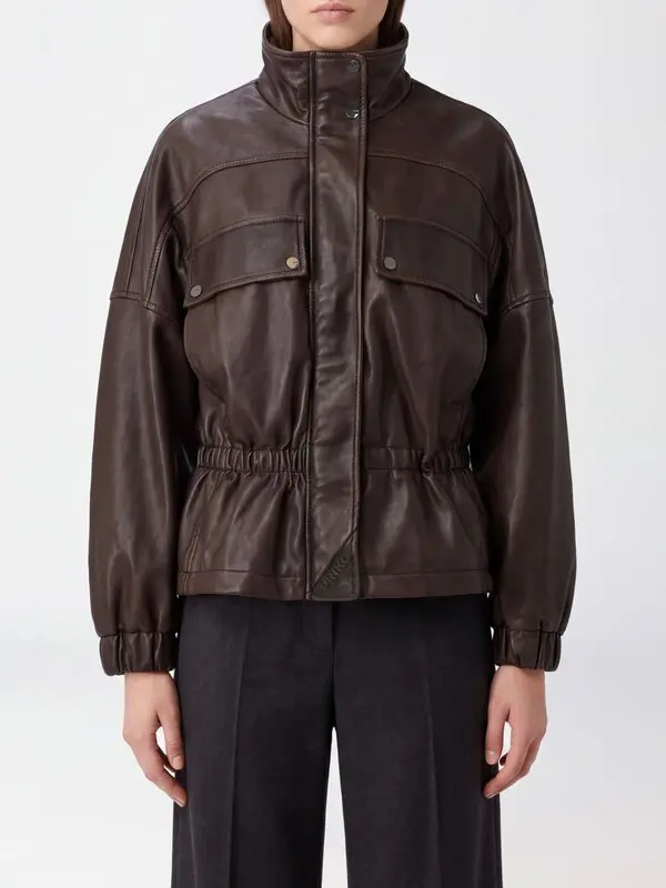 Pinko Cropped Faux Leather Bomber Jacket With Funnel Neck And Elasticated Waist