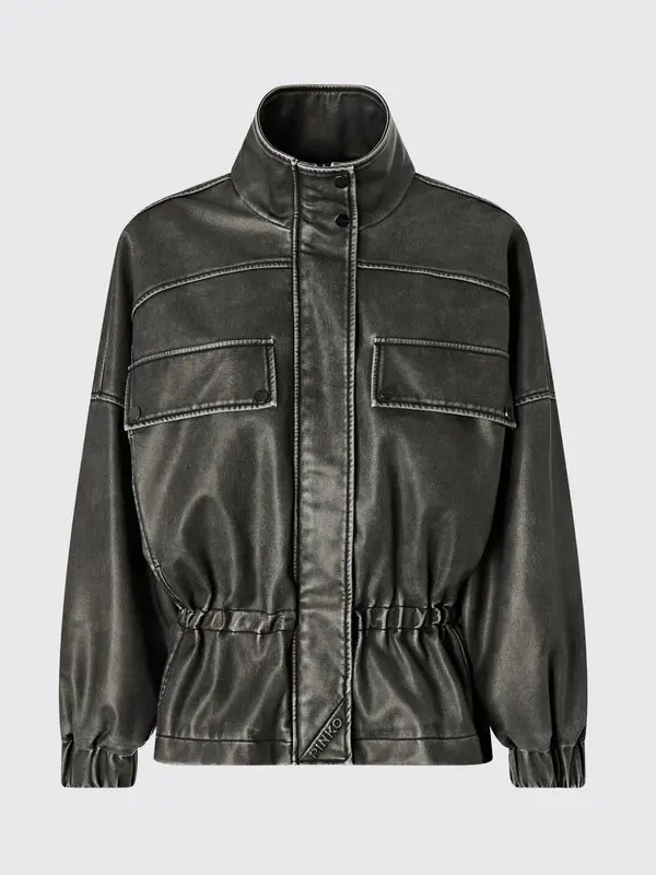 Pinko Cropped Faux Leather Bomber Jacket With Funnel Neck And Elasticated Waist - Grey