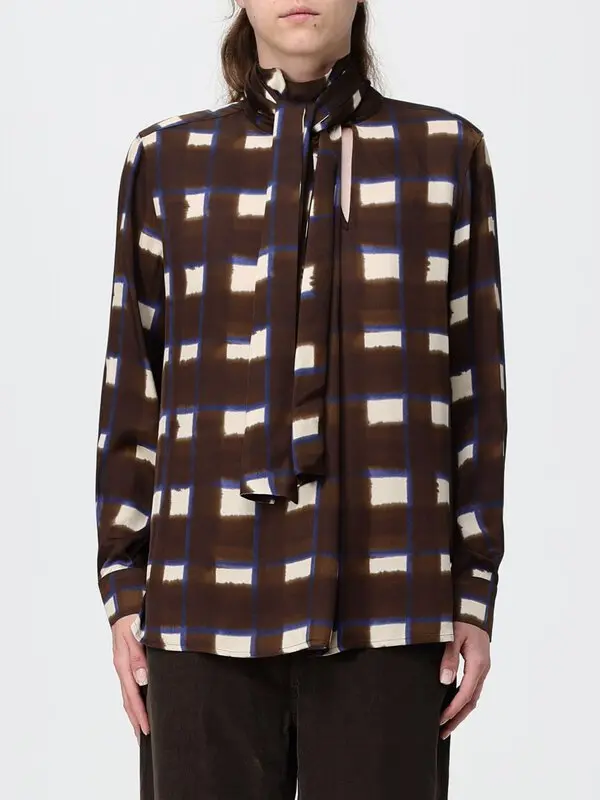 Incotex Relaxed Fit Check Viscose Blouse With Scarf Collar - Brown