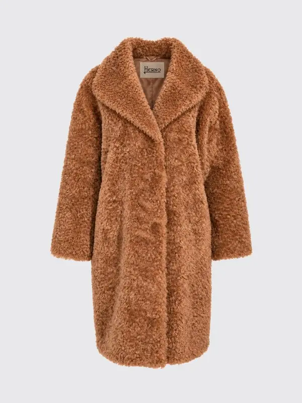 Herno Knee-length Faux Shearling Coat With A High Neck - Camel