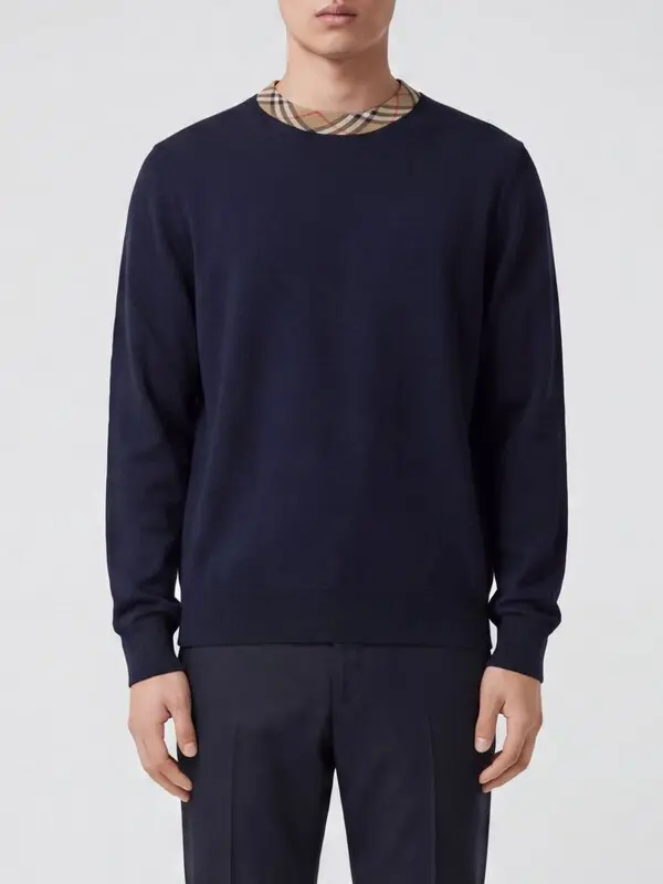 Burberry Crewneck Wool Jumper With Contrast Trim And Ribbed Hems