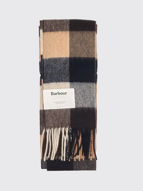 Barbour Check 100% Lambswool Scarf With Fringed Ends - Brown