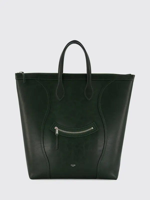 Celine The Vertical Calfskin Leather Tote Bag With Foil Logo - Silver