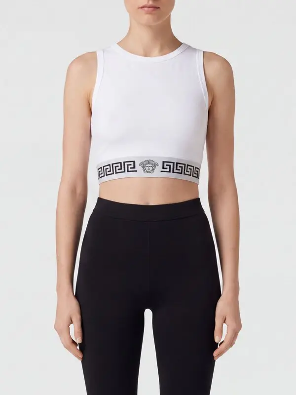 Versace Cropped Slim Fit Cotton-blend Top With Greca And Medusa Logo