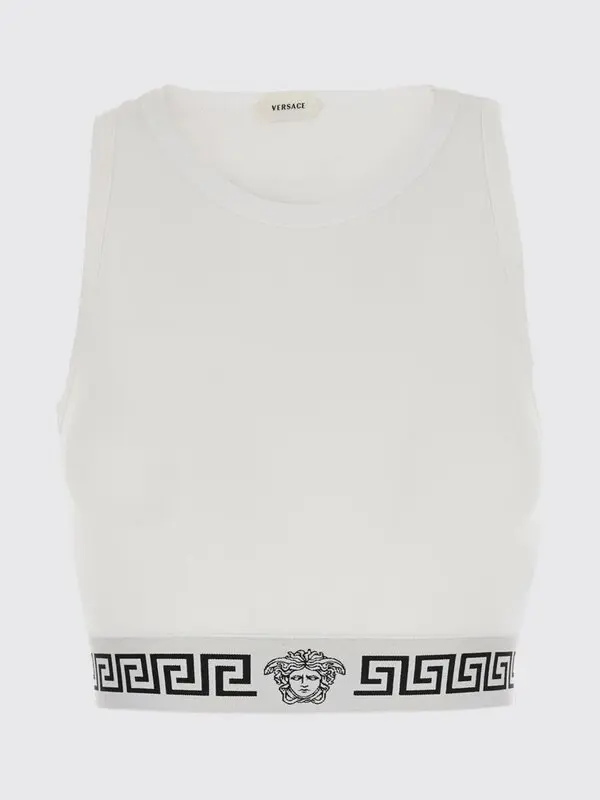 Versace Cropped Slim Fit Cotton-blend Top With Greca And Medusa Logo