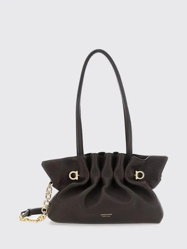 FERRAGAMO Soft Draped Nappa Leather Shoulder Bag With Double Handle - Brown