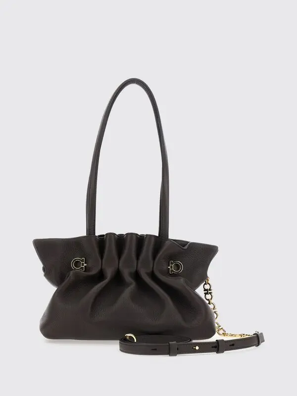 FERRAGAMO Soft Draped Nappa Leather Shoulder Bag With Double Handle - Brown