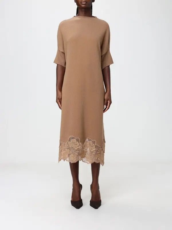 Fabiana Filippi A-line Midi Dress In Cashmere And Silk With Lace Inserts - Camel