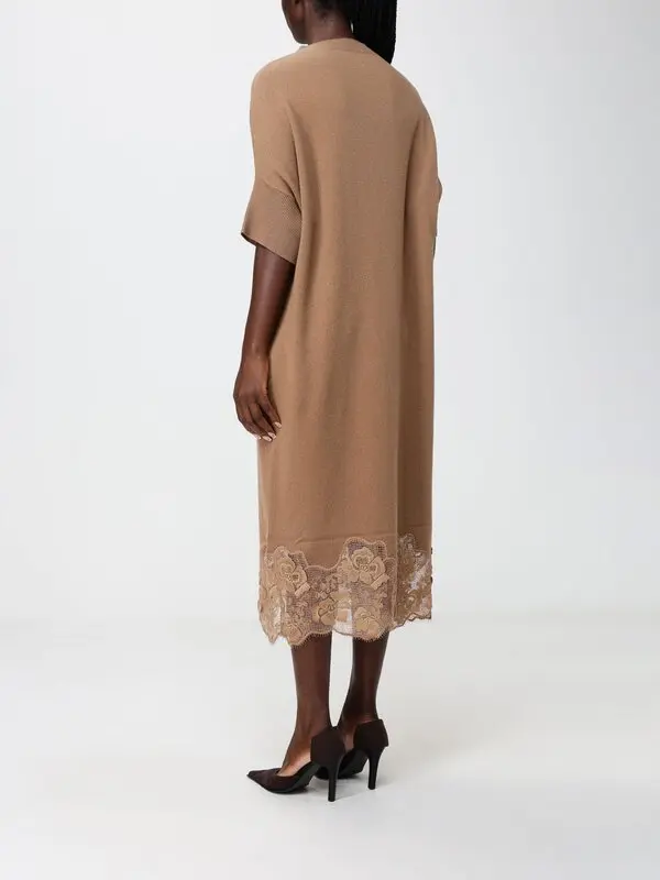 Fabiana Filippi A-line Midi Dress In Cashmere And Silk With Lace Inserts - Camel