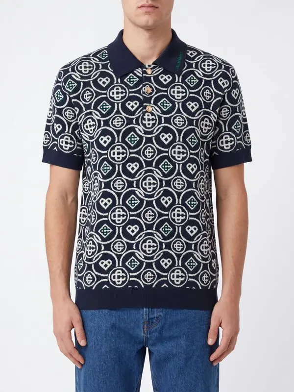 Casablanca Knitted Cotton Polo Shirt With Contrast Logo And Ribbed Trims