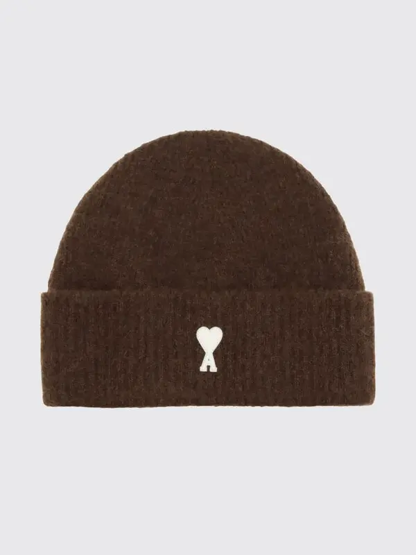 AMI Paris Wool And Alpaca Blend Beanie Hat With Embroidered Logo - Brown