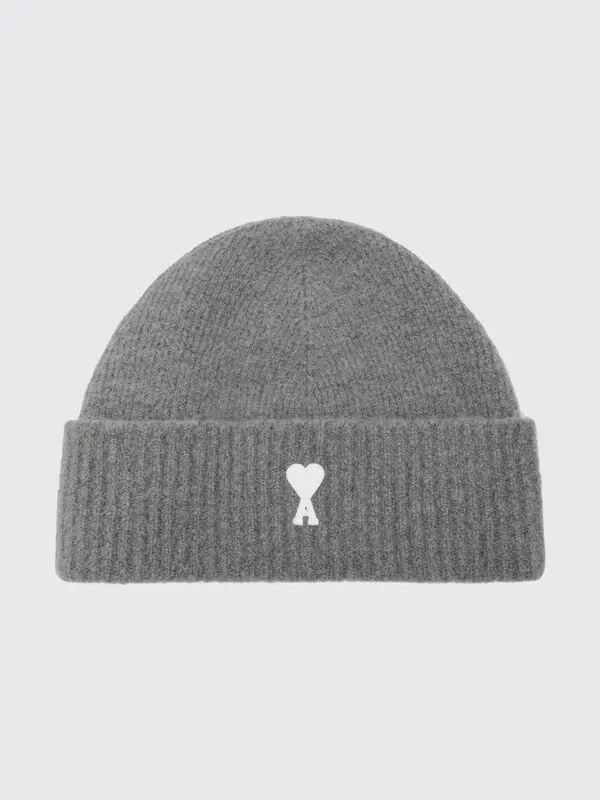 AMI Paris Wool And Alpaca Blend Beanie Hat With Embroidered Logo - Grey