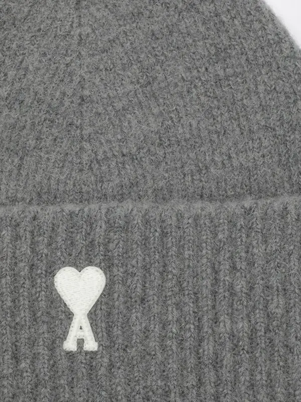 AMI Paris Wool And Alpaca Blend Beanie Hat With Embroidered Logo - Grey