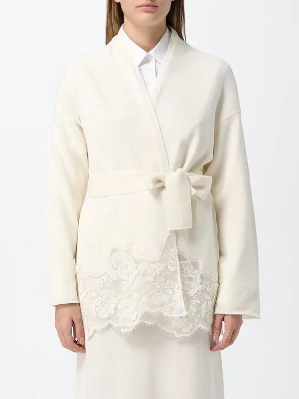Fabiana Filippi Wool And Silk Robe Cardigan With Lace Inserts - Camel