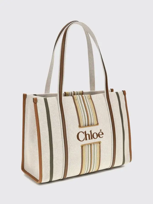 Chloé Woody Loop Tote Bag In Multicolour Striped Canvas With Embroidered Logo - Brown