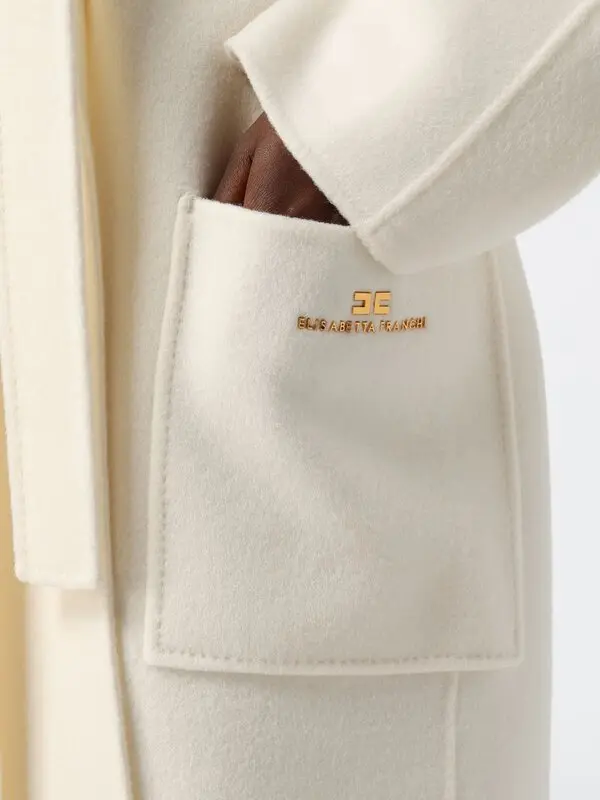 Elisabetta Franchi Long Robe Coat In Pure Wool With A Waist Belt - White