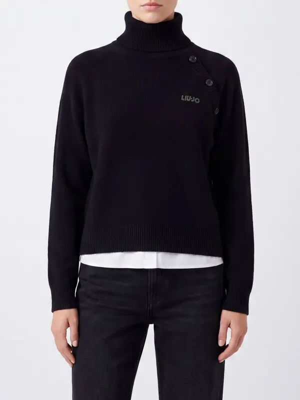 Liu Jo Wool And Cotton Turtleneck With Shoulder Buttons And Contrast Logo - Black