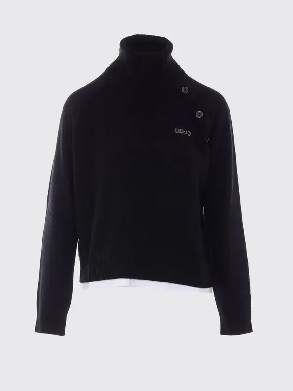 Liu Jo Wool And Cotton Turtleneck With Shoulder Buttons And Contrast Logo - Black