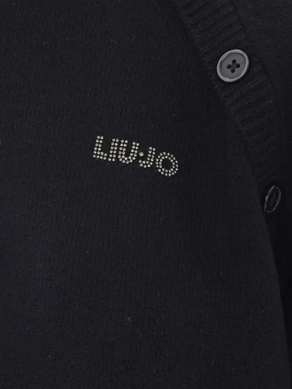 Liu Jo Wool And Cotton Turtleneck With Shoulder Buttons And Contrast Logo - Black