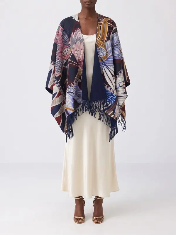 FERRAGAMO Cashmere And Wool Cape With Floral Print And Asymmetrical Hem