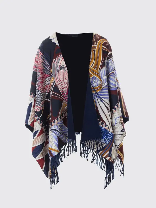 FERRAGAMO Cashmere And Wool Cape With Floral Print And Asymmetrical Hem