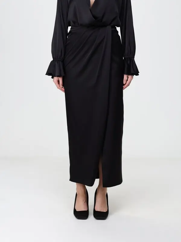 HANITA Draped High-waisted Satin Long Pencil Skirt - Black