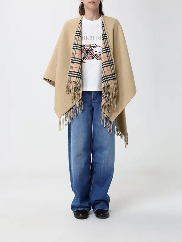 Burberry Asymmetrical Vintage Check Wool Cape With Fringed Hem - Beige