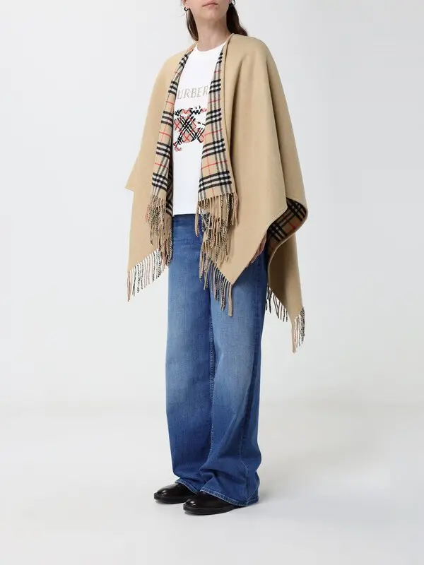 Burberry Asymmetrical Vintage Check Wool Cape With Fringed Hem - Beige