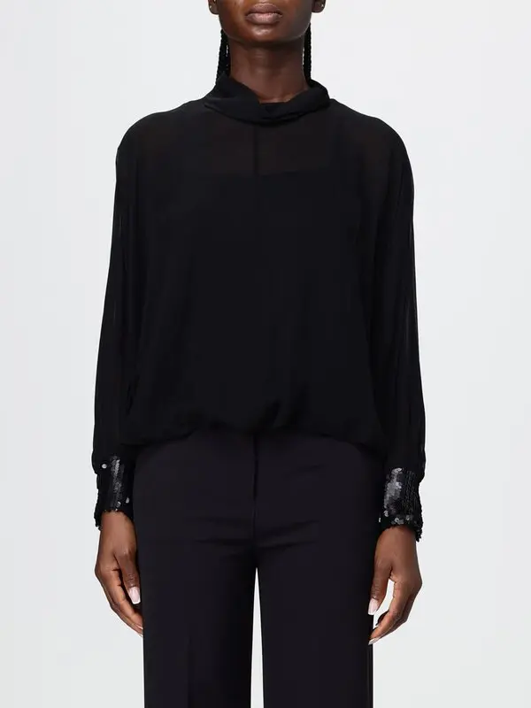 HANITA Draped Viscose Blouse With Sequins And Long Sleeves - Black
