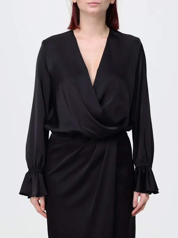 HANITA Cropped Satin V-neck Blouse With Flared Long Sleeves - Black