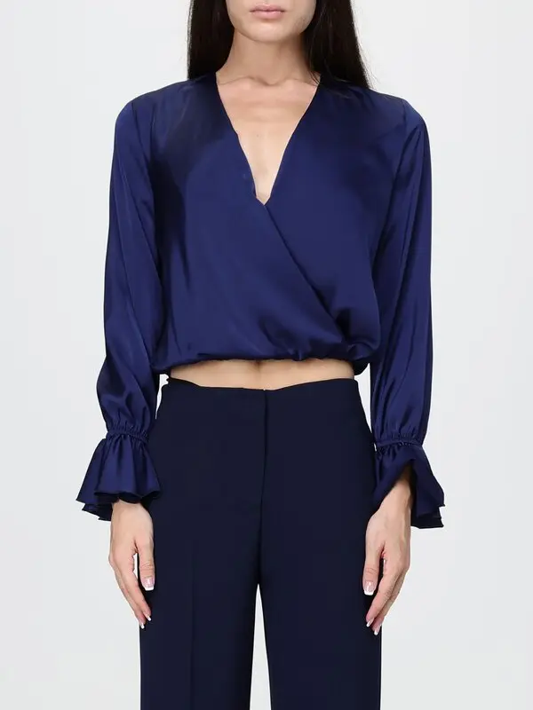 HANITA Cropped Satin V-neck Blouse With Flared Long Sleeves - Blue