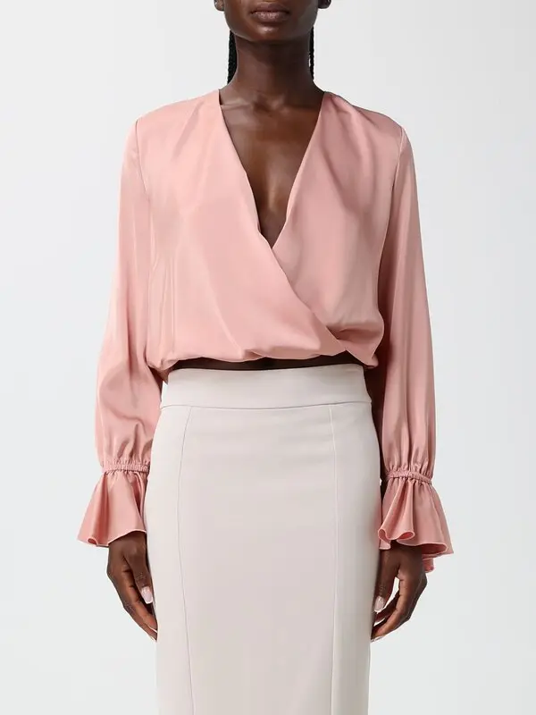 HANITA Cropped Satin V-neck Blouse With Flared Long Sleeves - Pink