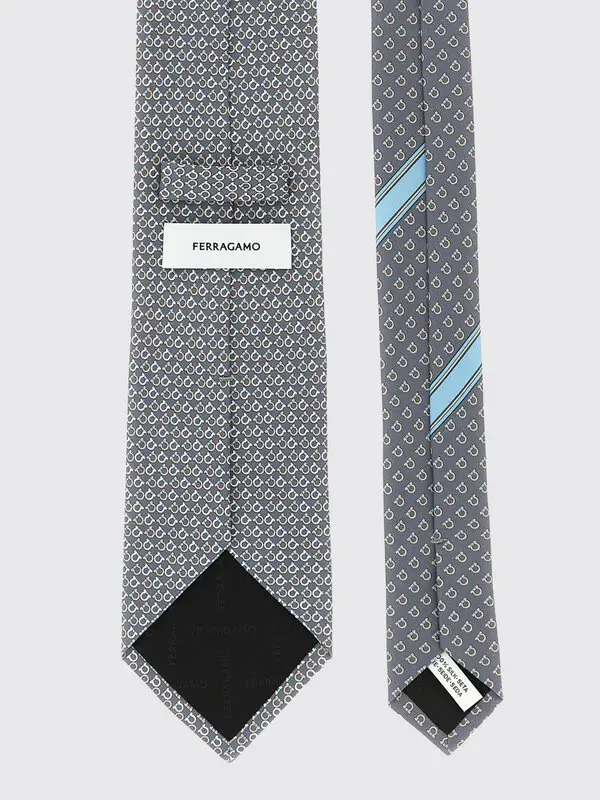 FERRAGAMO All-over Gancini Monogram Pure Silk Tie - Grey