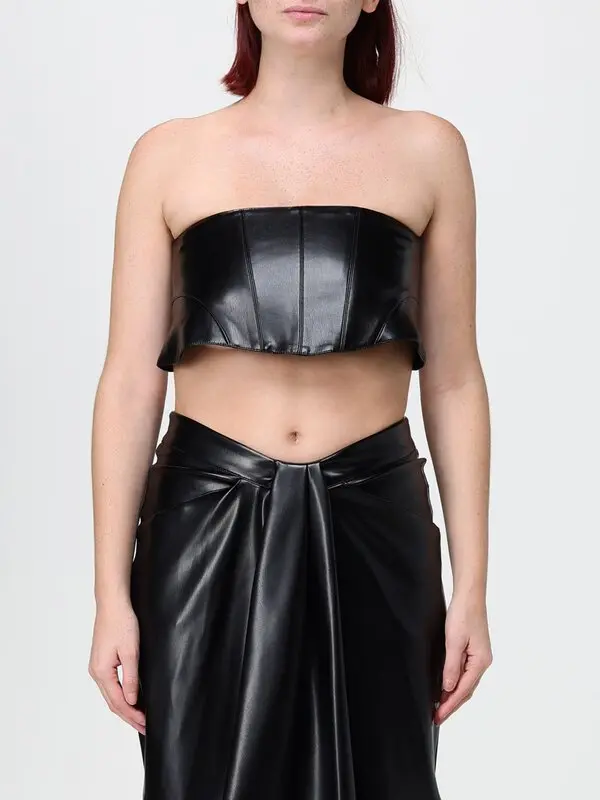 HANITA Cropped Faux Leather Bandeau Top With Woven Straps - Black