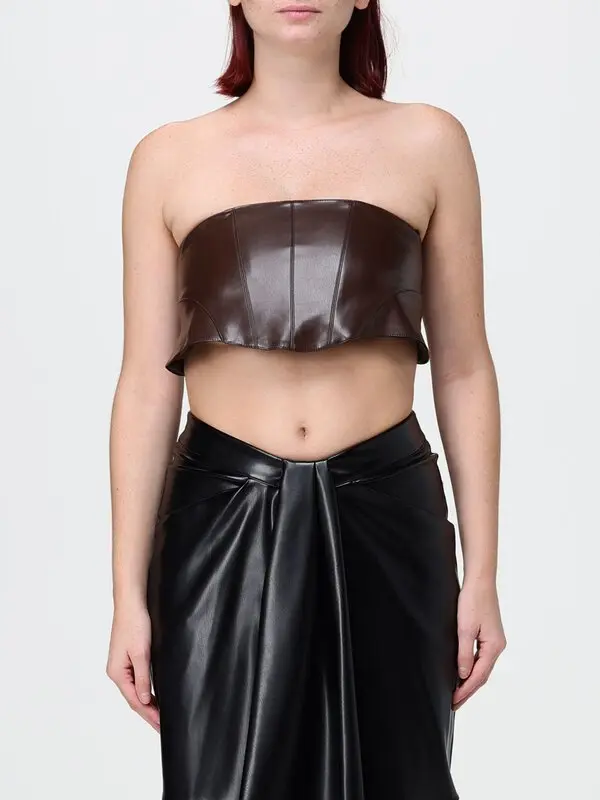 HANITA Cropped Faux Leather Bandeau Top With Woven Straps - Brown