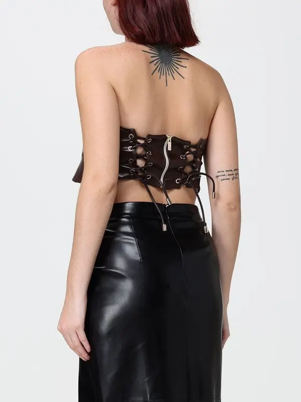 HANITA Cropped Faux Leather Bandeau Top With Woven Straps - Brown