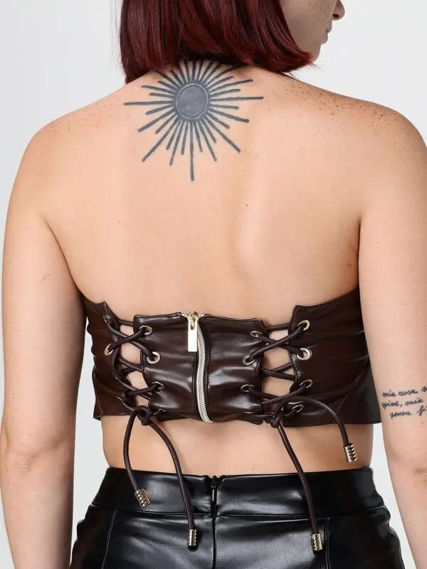 HANITA Cropped Faux Leather Bandeau Top With Woven Straps - Brown