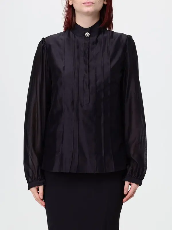 HANITA Satin Shirt With Mandarin Collar And Embroidered Plastron - Black