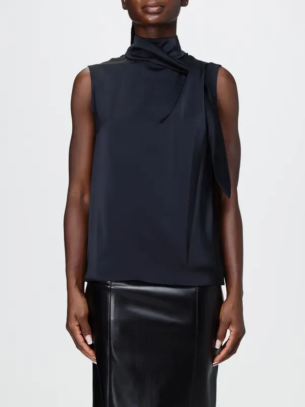 HANITA Sleeveless Satin Blouse With Draped Pussy-bow Collar - Black