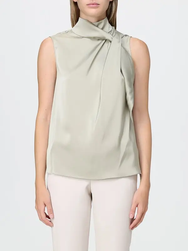 HANITA Sleeveless Satin Blouse With Draped Pussy-bow Collar - Sage