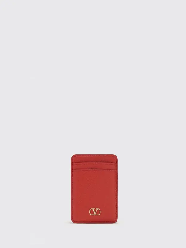 Valentino Garavani Vlogo Signature Grained Calfskin Leather Card Holder - Red