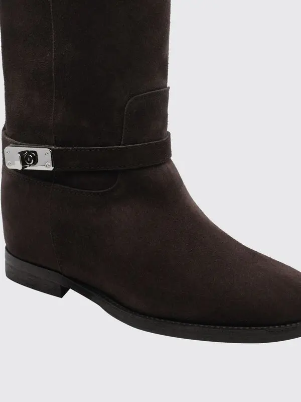 VIA ROMA 15 Knee-high Wedge Boots In Calfskin Leather With Straps - Brown
