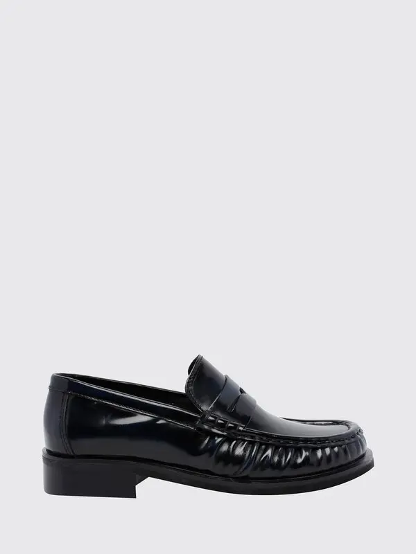 POEVE Brushed Leather Penny Loafers With Strap - Black