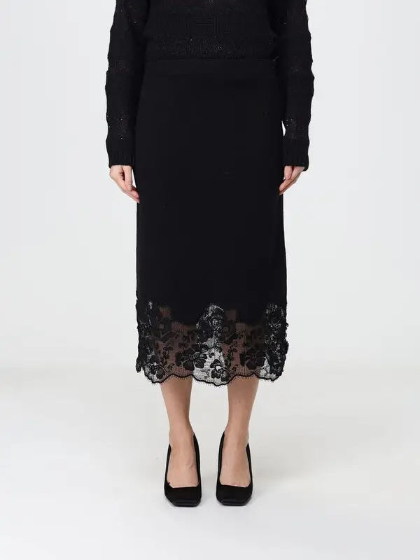 Fabiana Filippi Long Knit Pencil Skirt In Wool And Silk With Lace Inserts