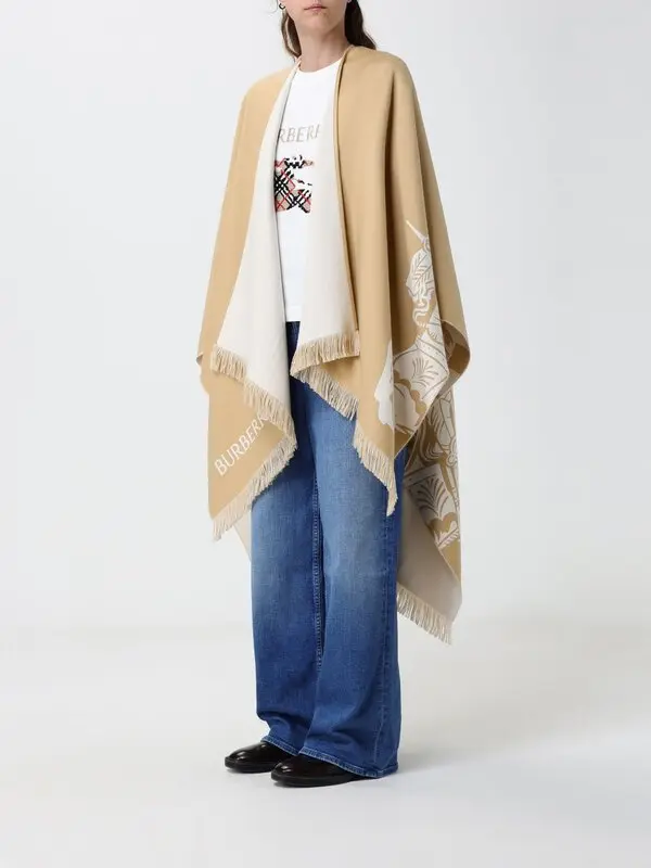 Burberry Asymmetric Wool And Silk Cape With Ekd Logo And Fringed Hem - Sand