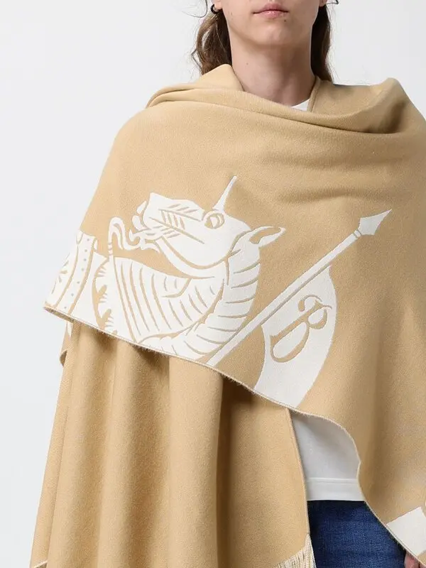 Burberry Asymmetric Wool And Silk Cape With Ekd Logo And Fringed Hem - Sand