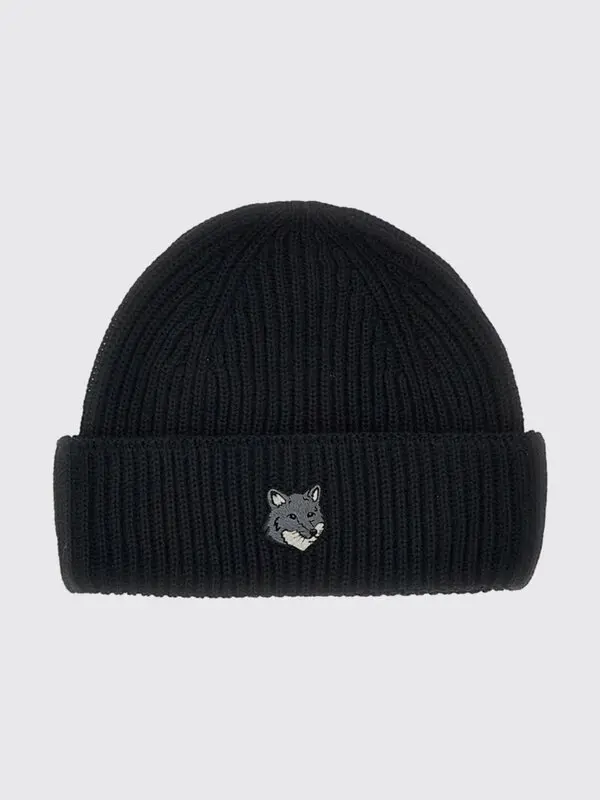 Maison Kitsuné Ribbed Wool Beanie With A Cuff And Contrast Logo - Black