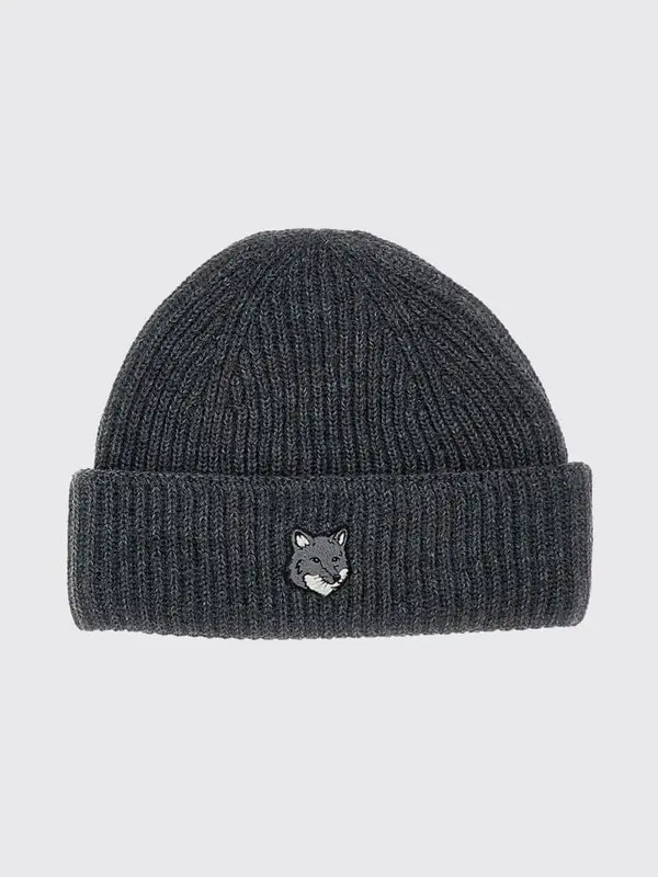 Maison Kitsuné Ribbed Wool Beanie With A Cuff And Contrast Logo - Grey